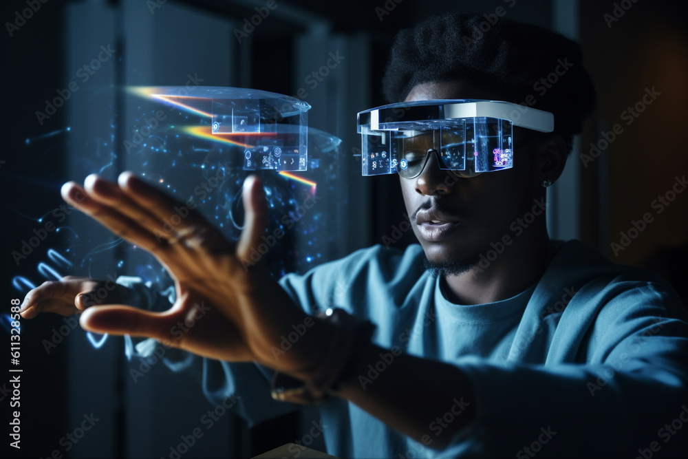 A person using augmented reality (AR) glasses to interact with virtual objects, computer ...