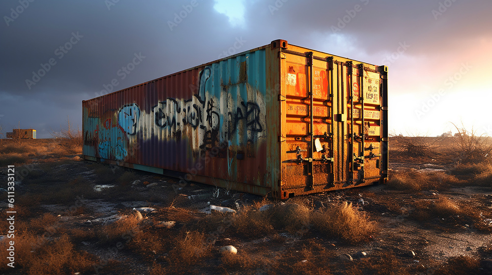 Generative AI image of an abandoned and rusty shipping container, its ...