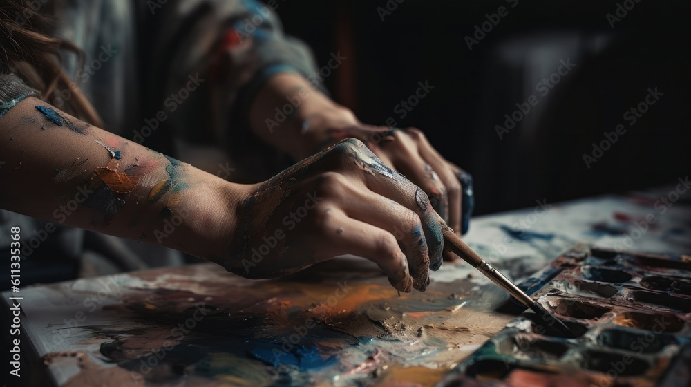 Artist Works on Oil Painting, Moving Paint Brush Energetically She ...