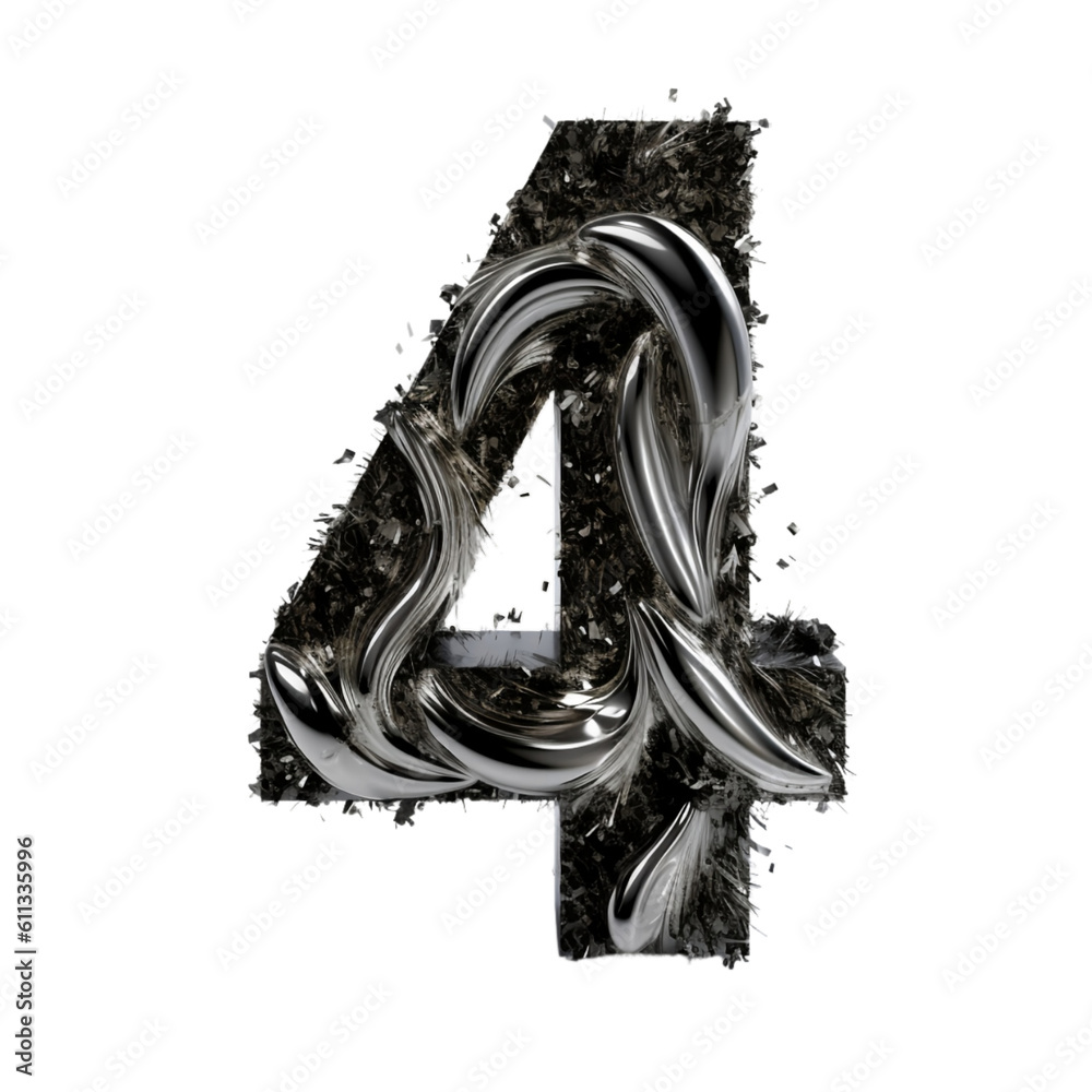 Number 4 four in 3D writen by metallic in transparent background ...