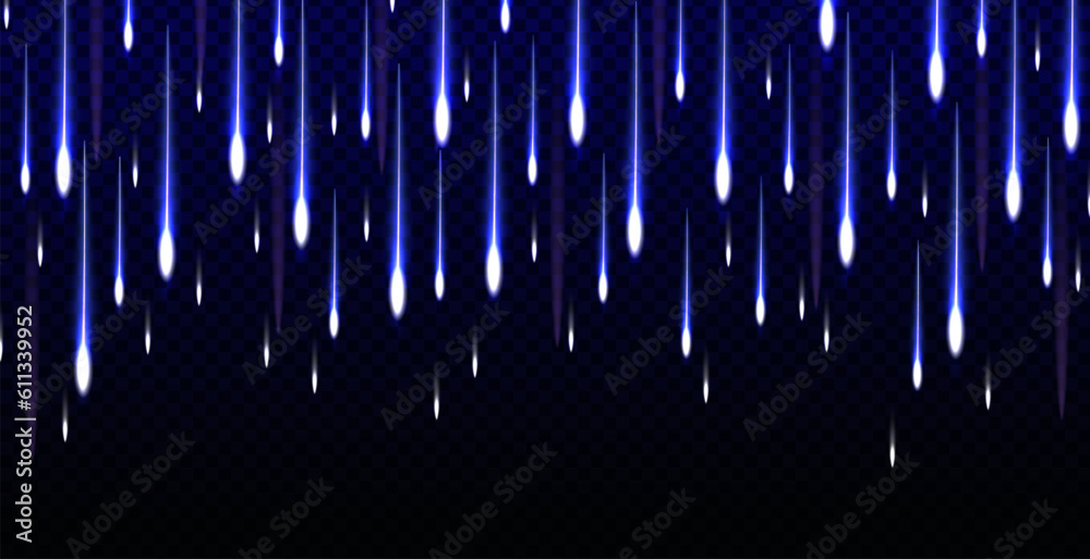 Realistic blue light effect of meteor rain in sky. Meteorites on ...