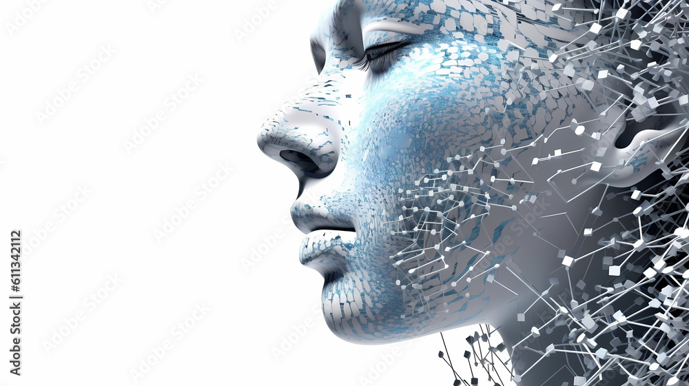 3D Render. Human face transforming to robot. AI technology, white ...