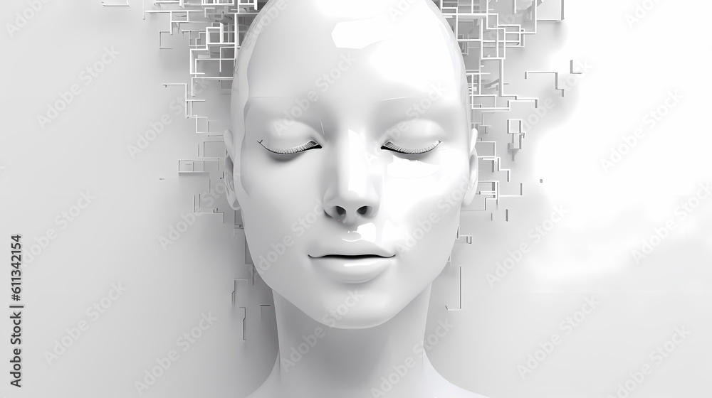 3D Render. Human face transforming to robot. AI technology, white ...