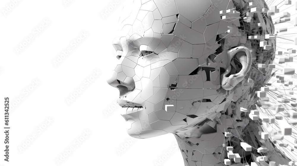 3D Render. Human face transforming to robot. AI technology, white ...