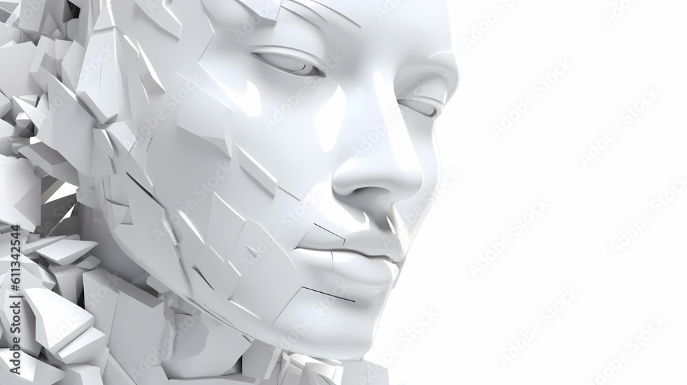 3D Render. Human face transforming to robot. AI technology, white background, digitalism ...