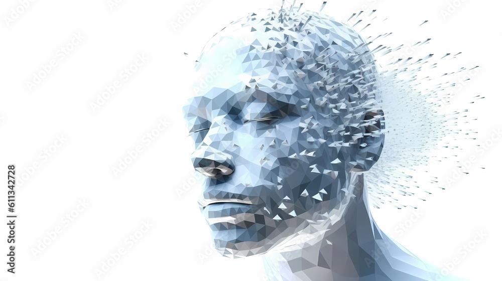3D Render. Human face transforming to robot. AI technology, white ...