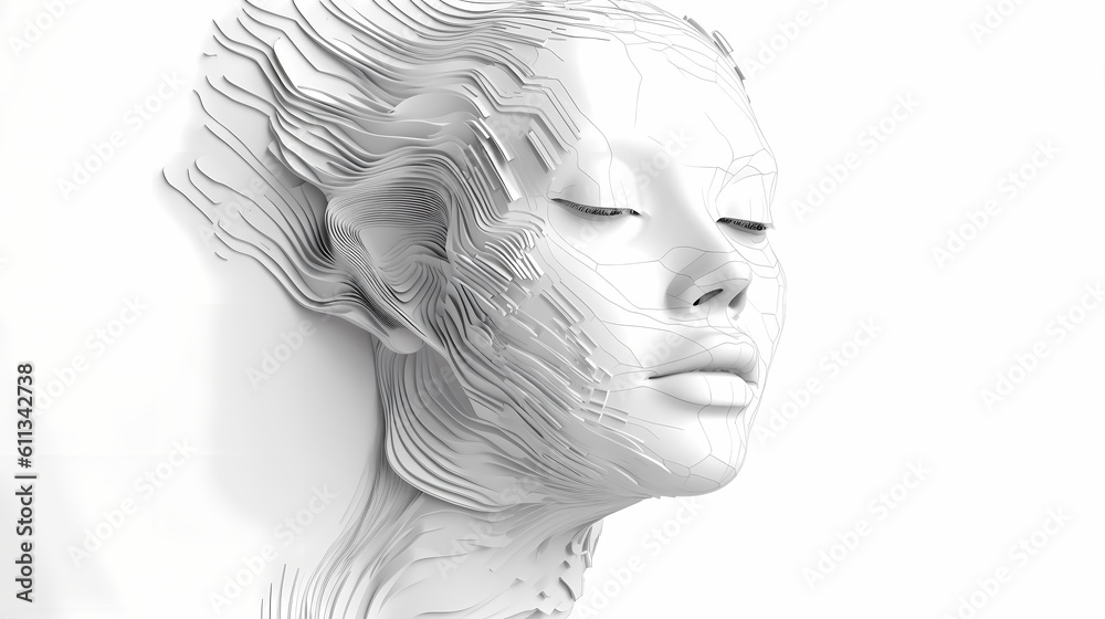 3D Render. Human face transforming to robot. AI technology, white ...