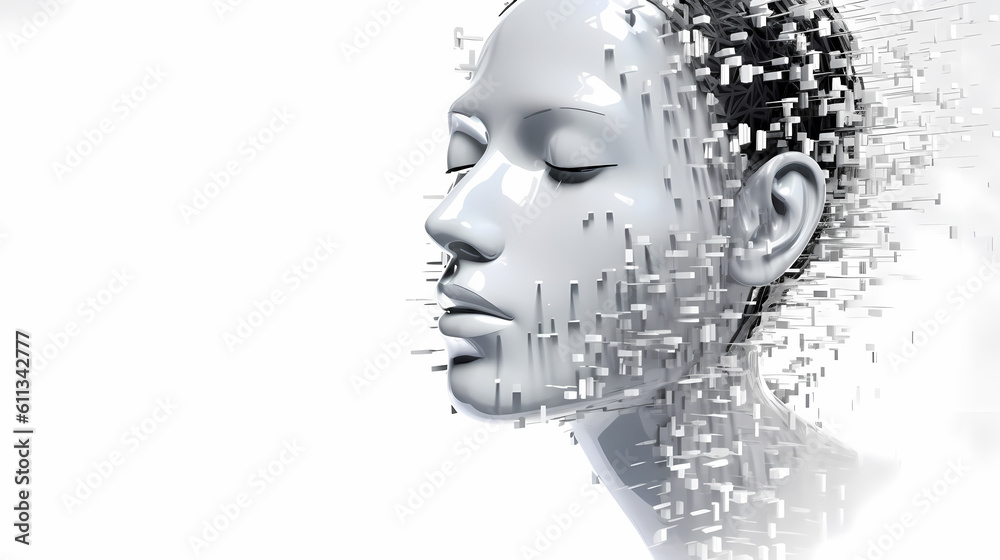 3D Render. Human face transforming to robot. AI technology, white background, digitalism ...