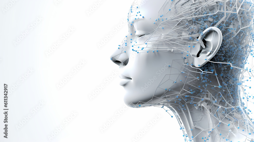 3D Render. Human face transforming to robot. AI technology, white background, digitalism ...