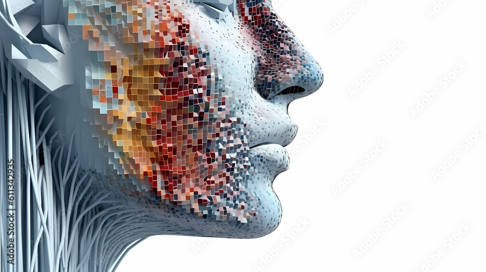 3D Render. Human face transforming to robot. AI technology, white ...