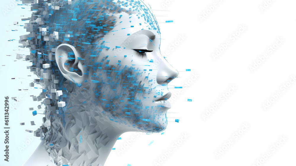 3D Render. Human face transforming to robot. AI technology, white background, digitalism ...