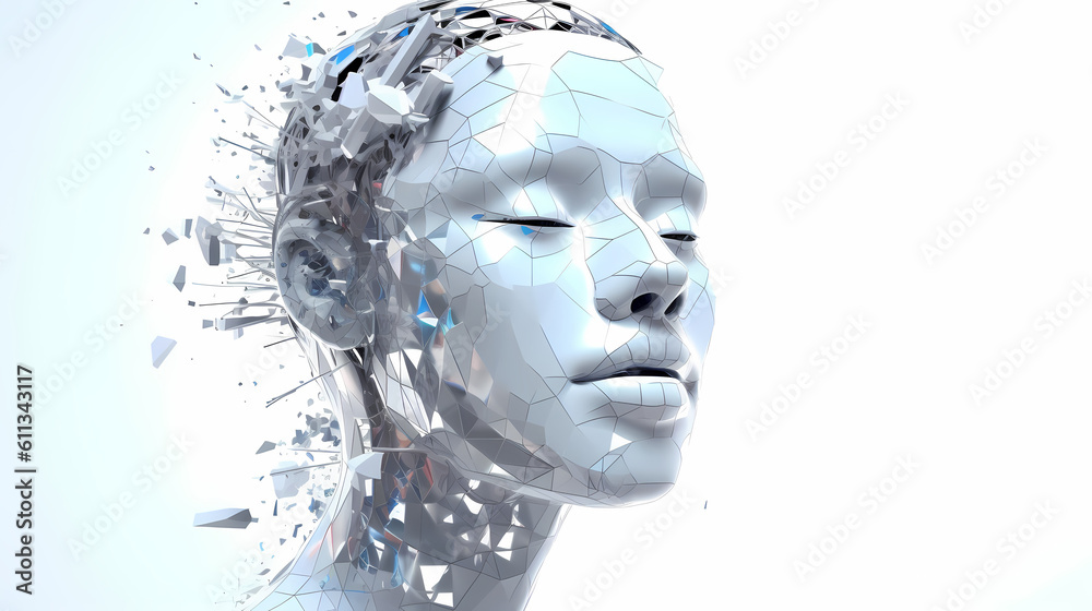 3D Render. Human face transforming to robot. AI technology, white background, digitalism ...