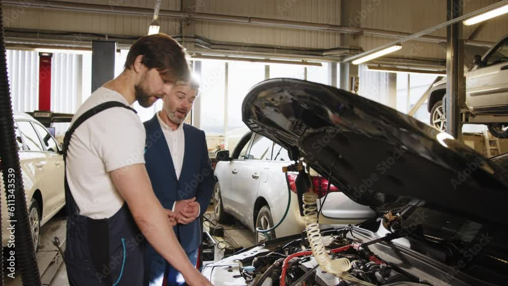 Auto mechanic shows engine error codes to a male customer in a car ...