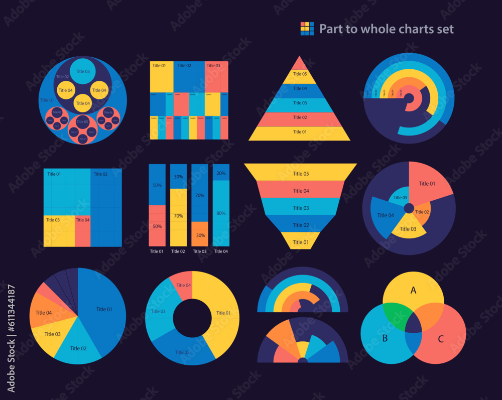 Part to whole infographic charts design template set for dark theme. Visual data presentation ...