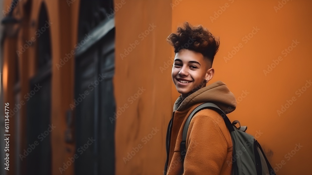 Fictional Person. Modern elegance, college student poses against a ...