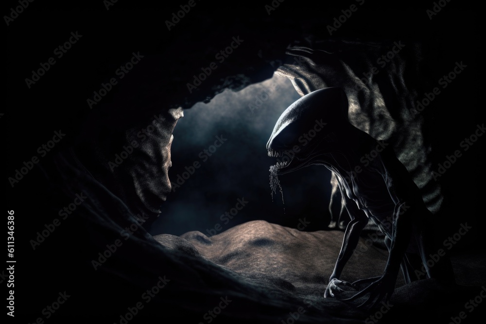 alien creature, lurking in dark and mysterious cave, created with ...