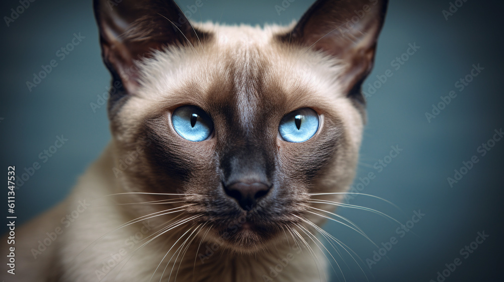 Portrait of a siamese cat with blue eyes on a gray background Stock ...