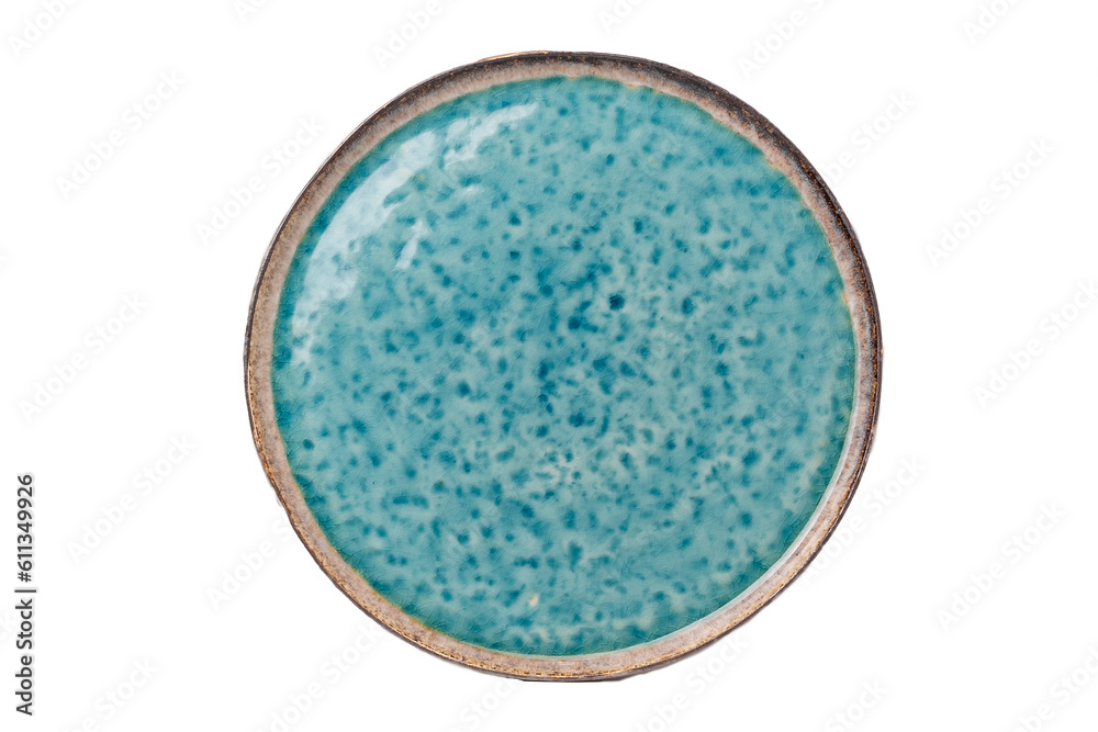 Round, beautiful turquoise plate with gold outline trimmed and isolated ...