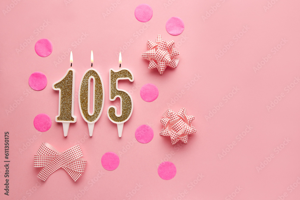 Number 105 on a pastel pink background with festive decor. Happy ...