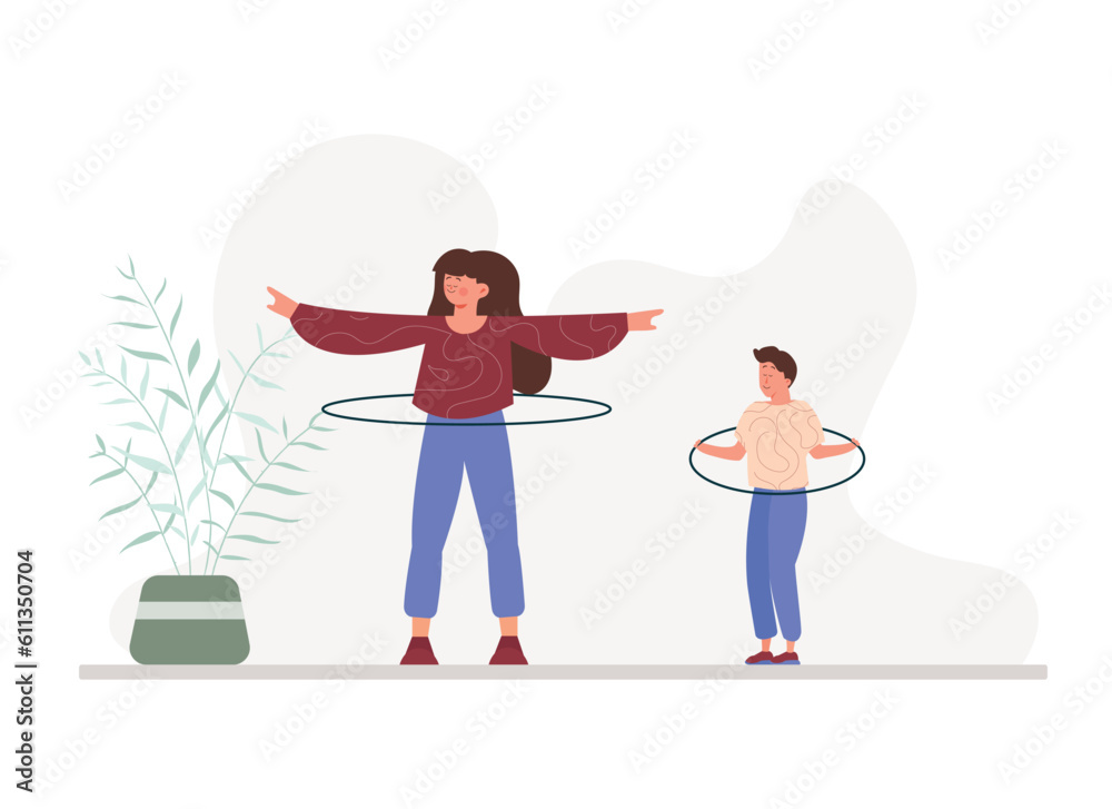 Cartoon people spinning hula hoops. Time for sports. Doing morning ...