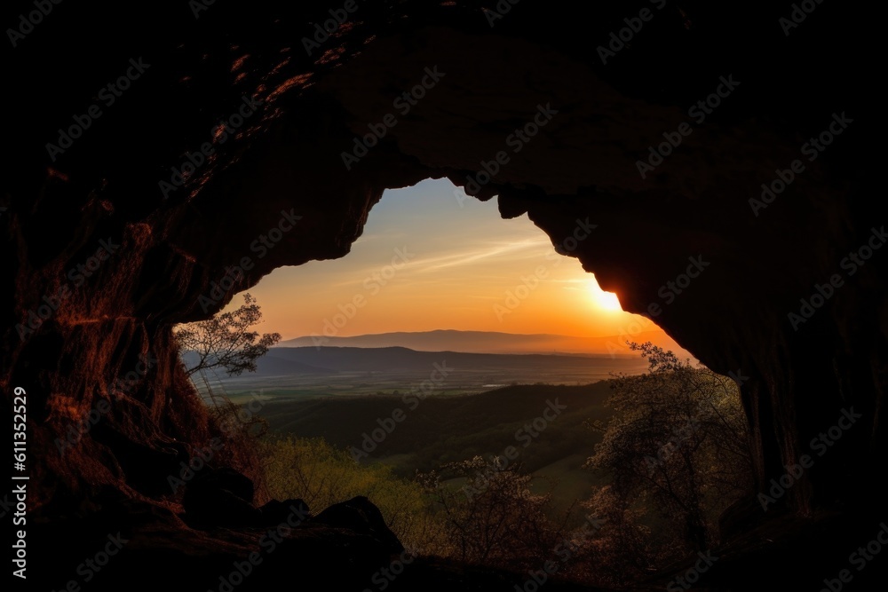 cave in mountain, with view of the sunset over the horizon, and ...