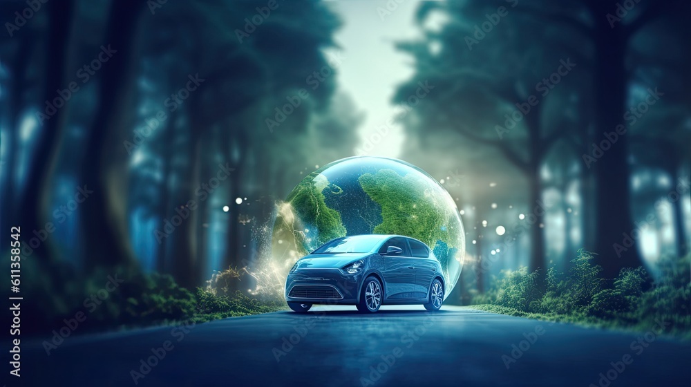 An Electric car energy for environment, EV car on forest road with ...