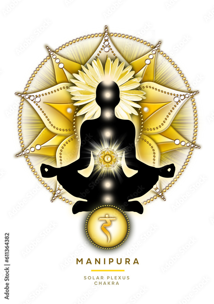 Solar plexus chakra meditation in yoga lotus pose, in front of Manipura ...