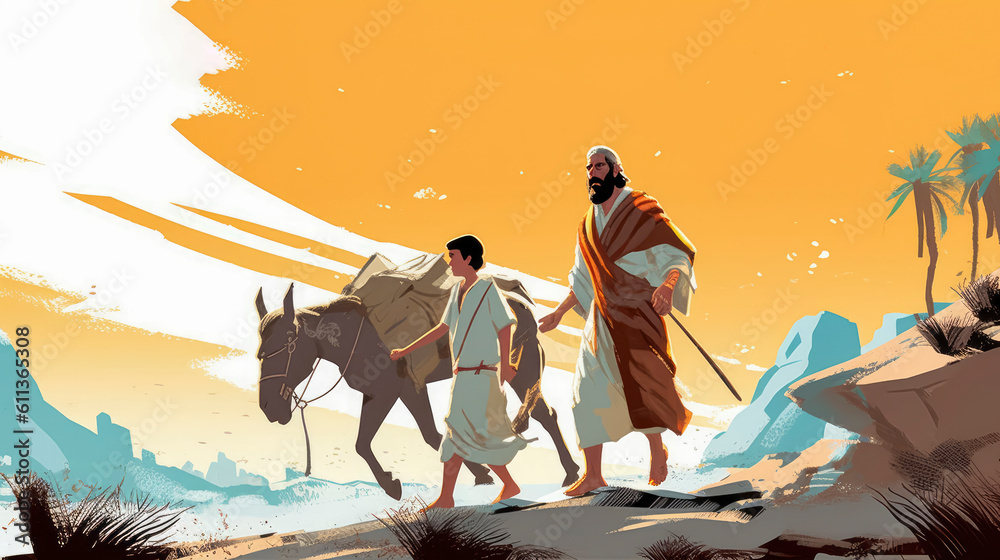 Colorful painting art portrait of Abraham hiking up a mountain with his ...