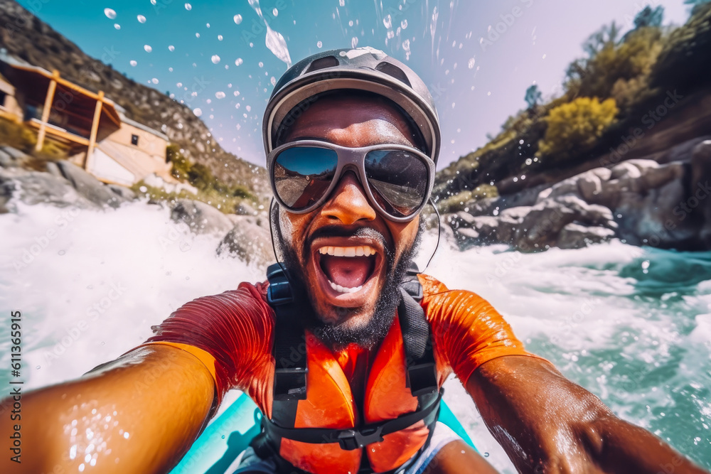 Whitewater river rafting, selfie closeup, African American man, canoe ...