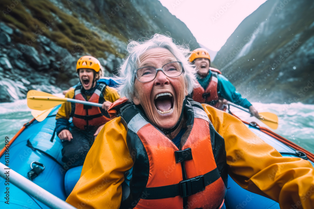 Whitewater river rafting, selfie closeup, elderly senior citizen woman ...
