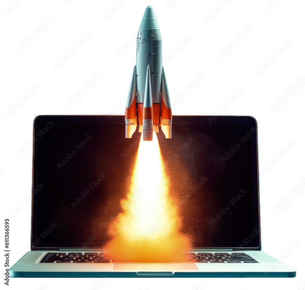 Rocket on laptop screen on PNG transparent background, startup concept ...