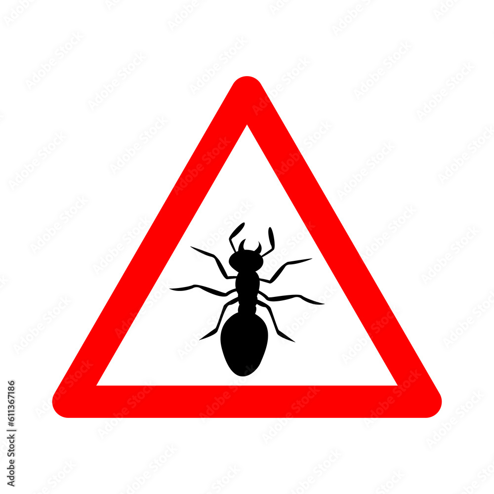 Insect sign. Ants warning sign. Red triangle sign with an ant ...