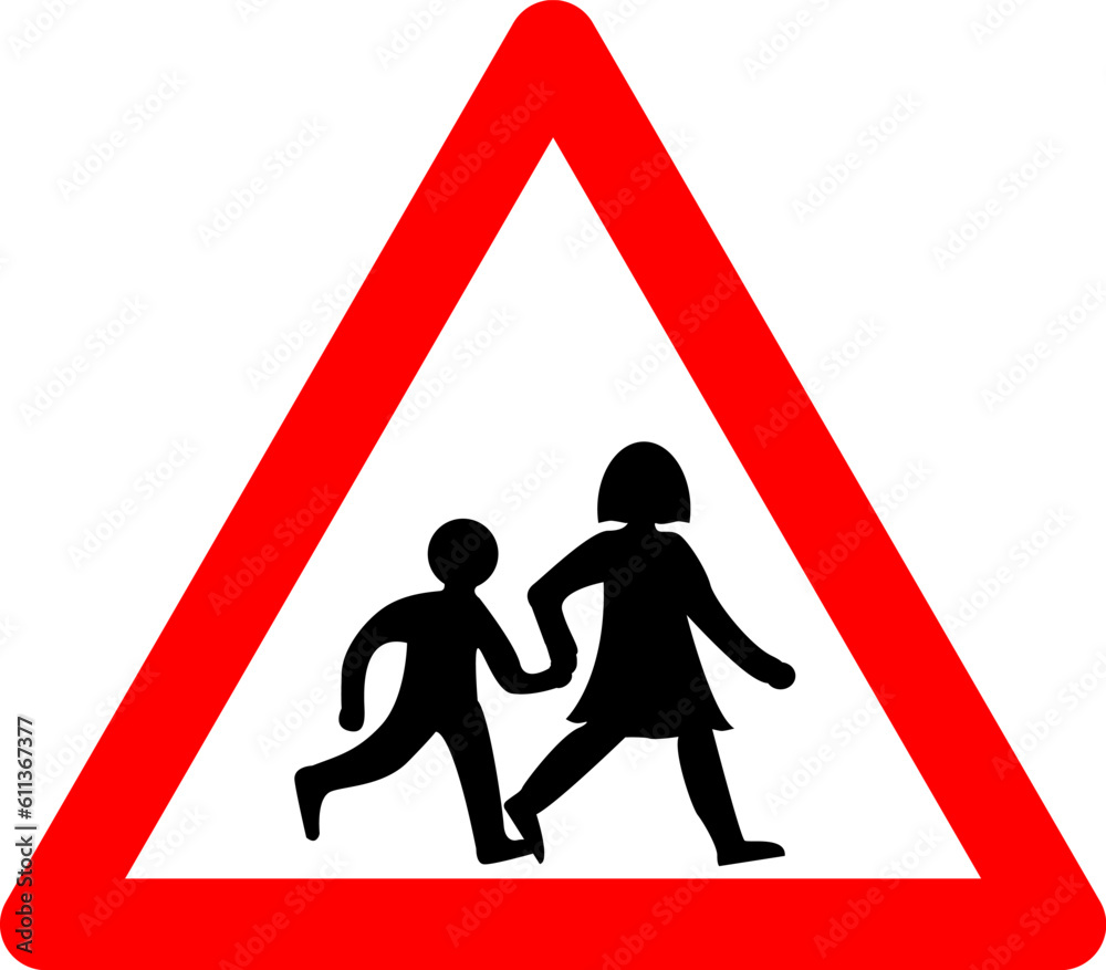 Schoolchildren sign. Schoolchildren warning sign. Red triangle sign ...