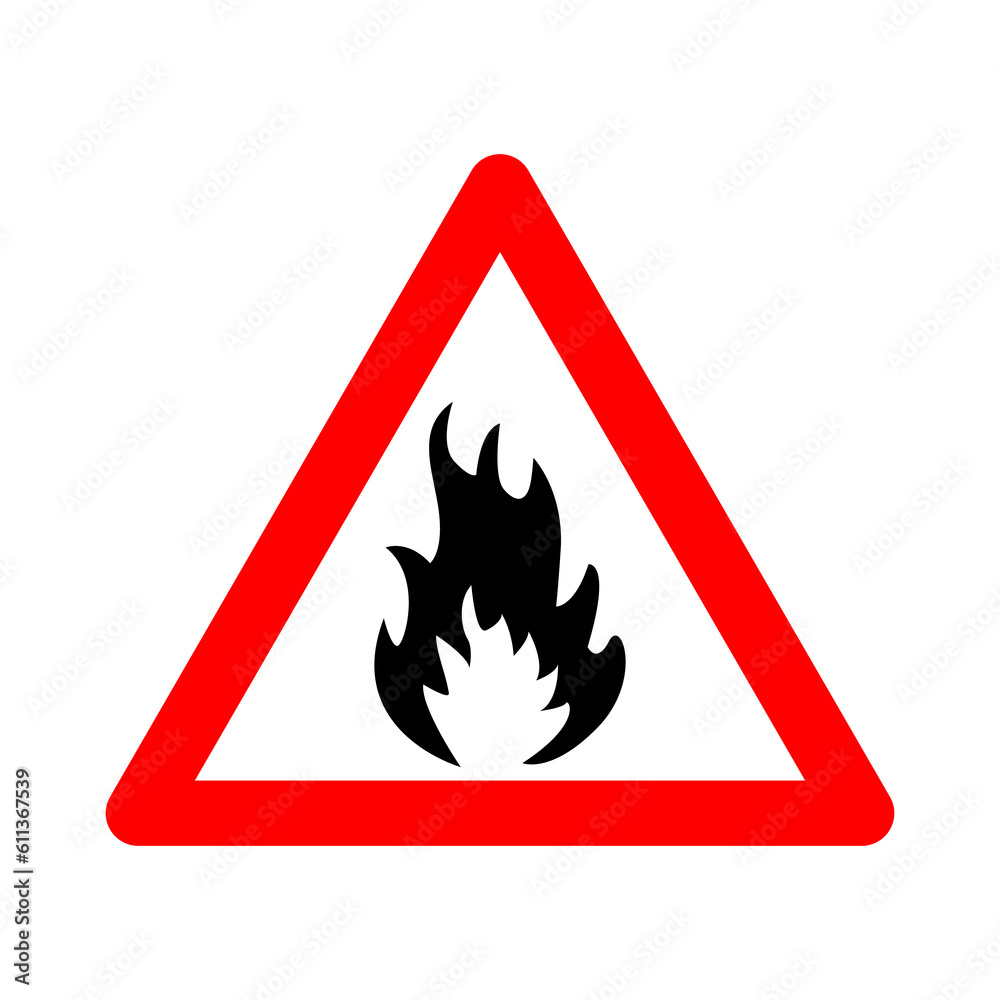 Fire sign. Warning sign flammable substances. Red triangle sign with flame silhouette inside ...