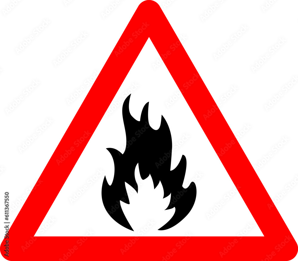 Fire sign. Warning sign flammable substances. Red triangle sign with ...