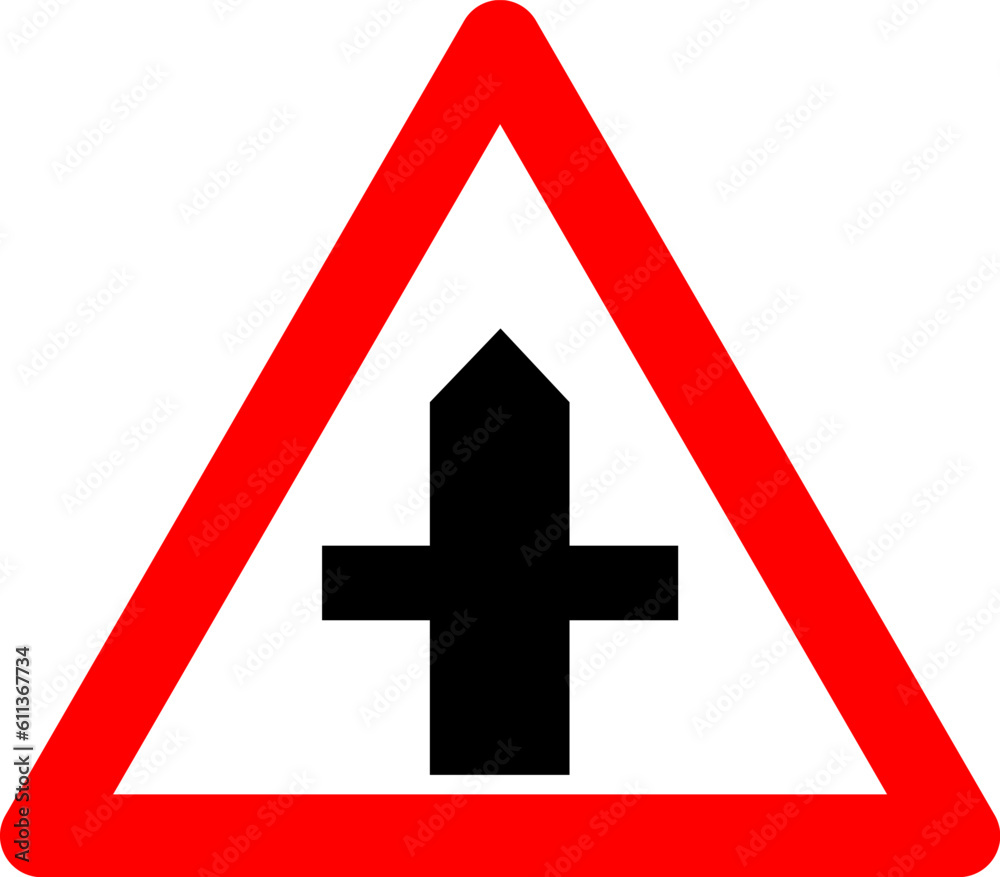 Vetor de Intersection sign with secondary road. Warning sign. Red ...