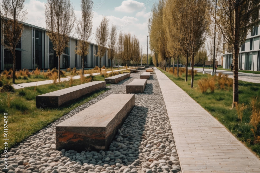 Minimalist benches with wooden logs, outdoor seating in public place ...