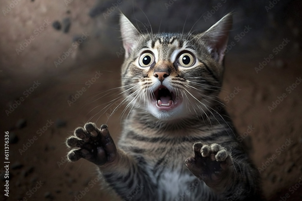 Funny surprised cat with a questioning pose. A cute kitten asks in ...