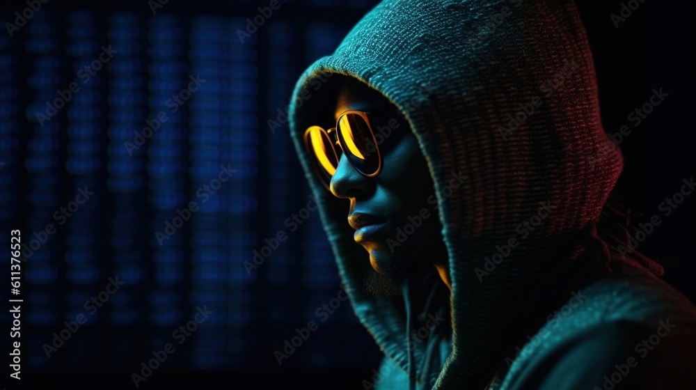 Hacker in a sunglasses on blue digital background. Concept of cyber ...