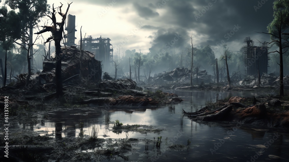 Bad ecology. Production pollutes the environment. Poisoned Earth. Stock ...