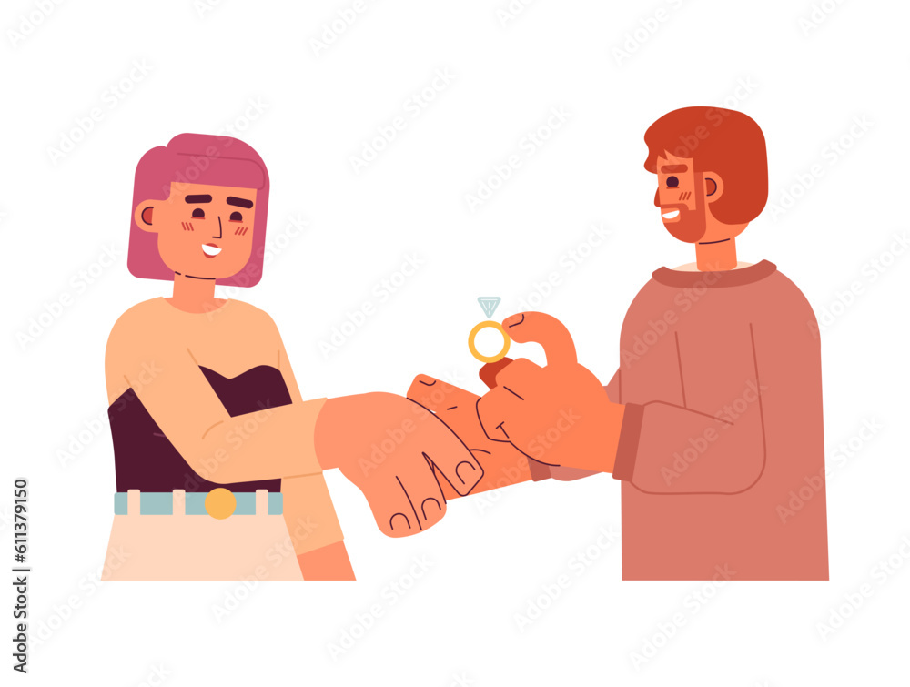 Proposing with ring flat concept vector spot illustration. Happy ...