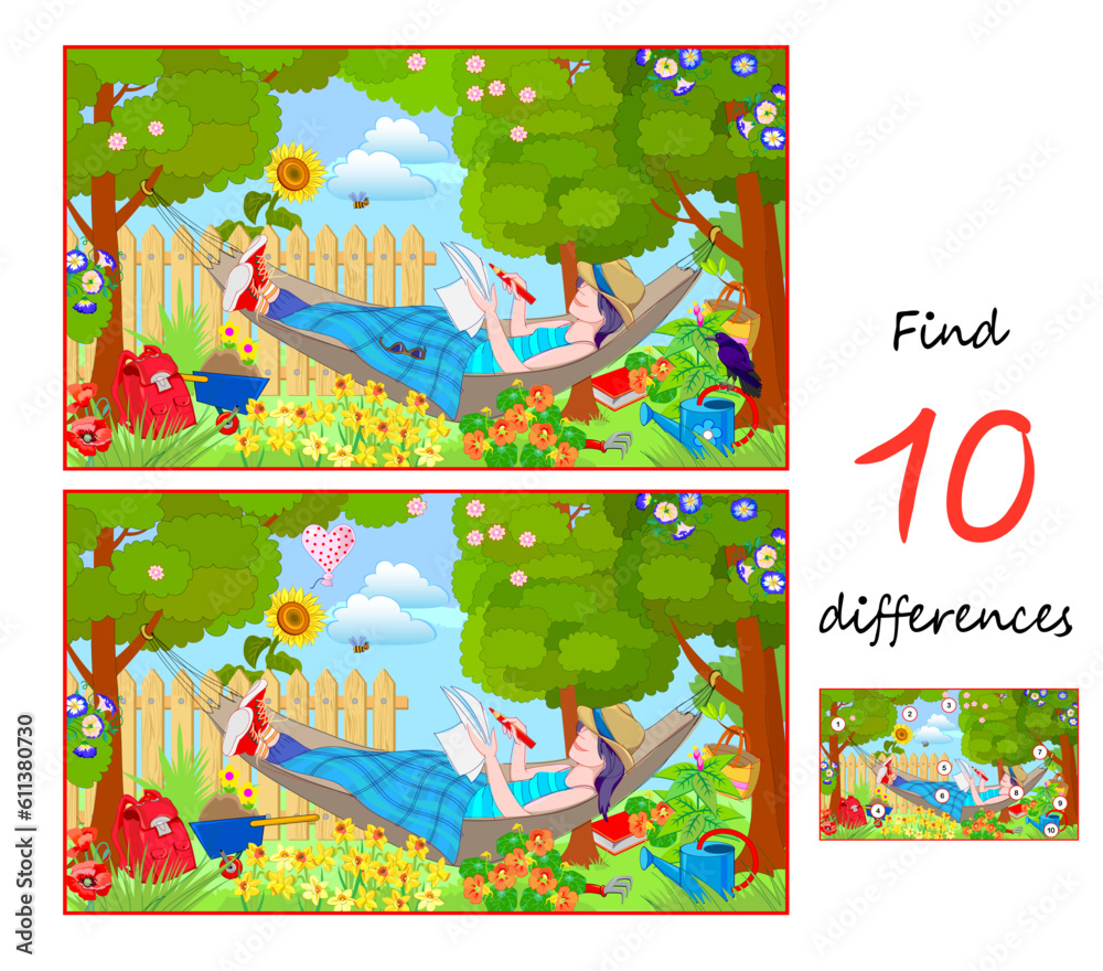 Find 10 differences. Illustration of young women relaxing in the summer ...