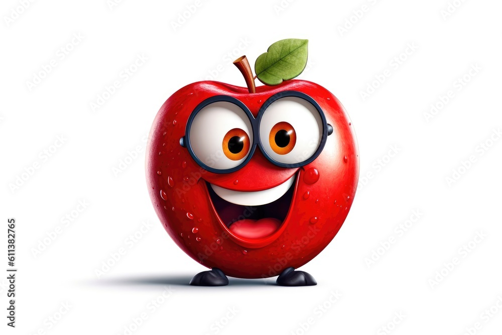 3D red apple funny cartoon character with eyes on white background ...