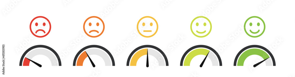 Set of colorful speedometers. Mood meter or rating scale of customer ...