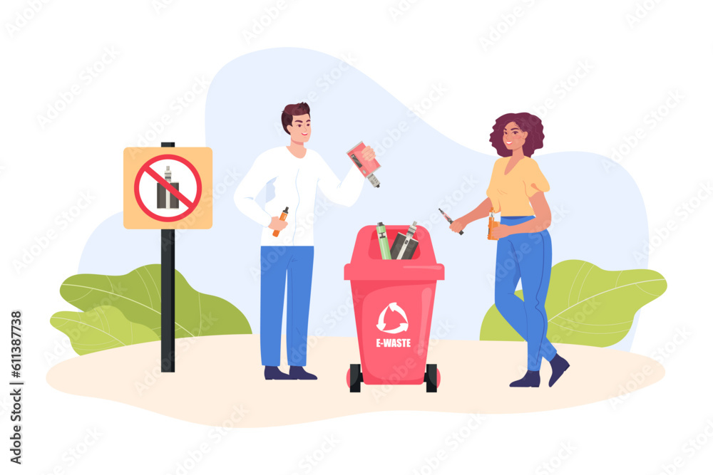 Man and woman throwing e-cigarettes into e-waste bin. Prohibition of ...