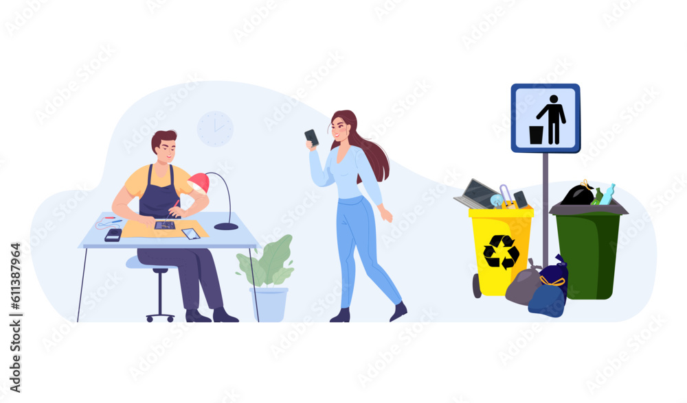 Woman with phone at mobile repair service vector illustration. Cartoon ...