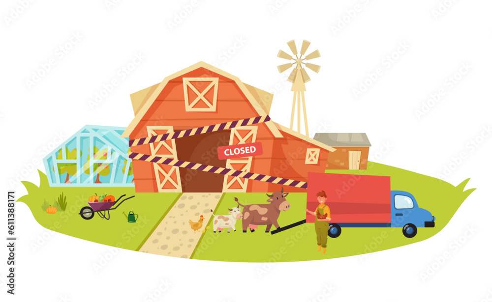 Farmer closing barn and transporting animals vector illustration ...