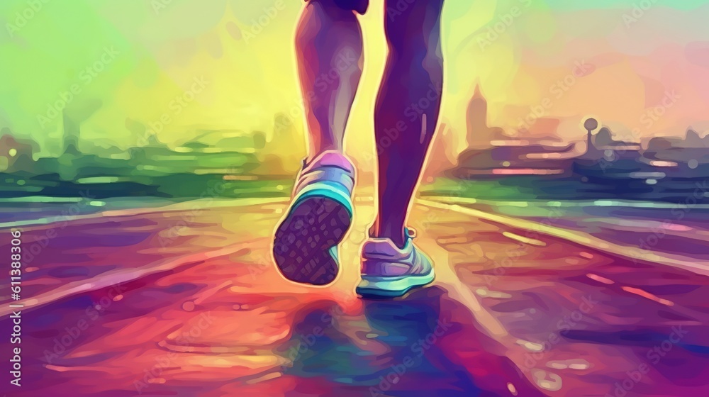 Close up view of runner sport shoes. Marathon runner. Feet in running ...