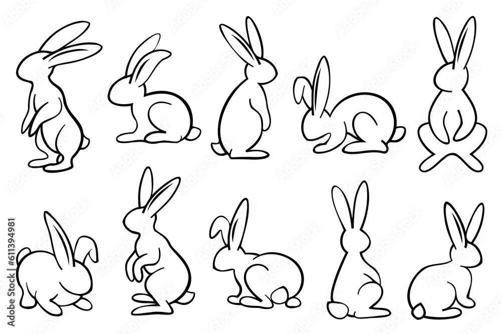 Line art bunnies illustration set. Cute rabbits with black thin line in ...