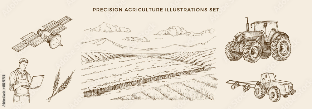 Precision Agriculture Vector Illustrations Set. Hand Drawn Farmer with ...